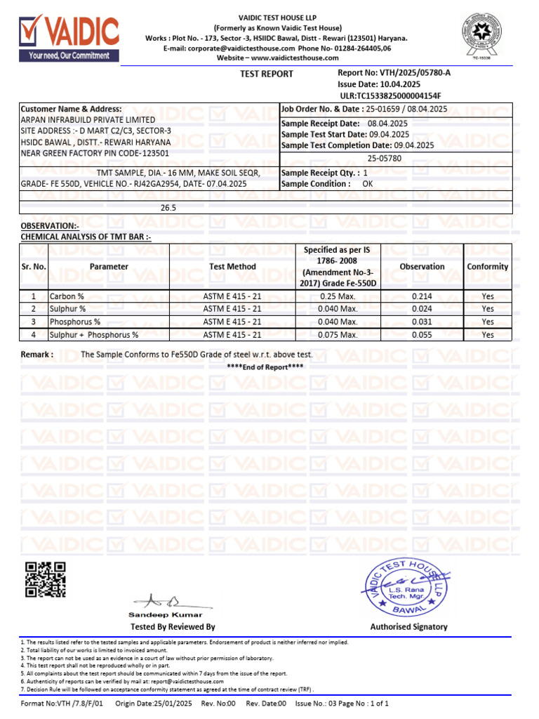 TMT Bar Test Report for Fe 550D Grade | PDF | Fracture | Materials