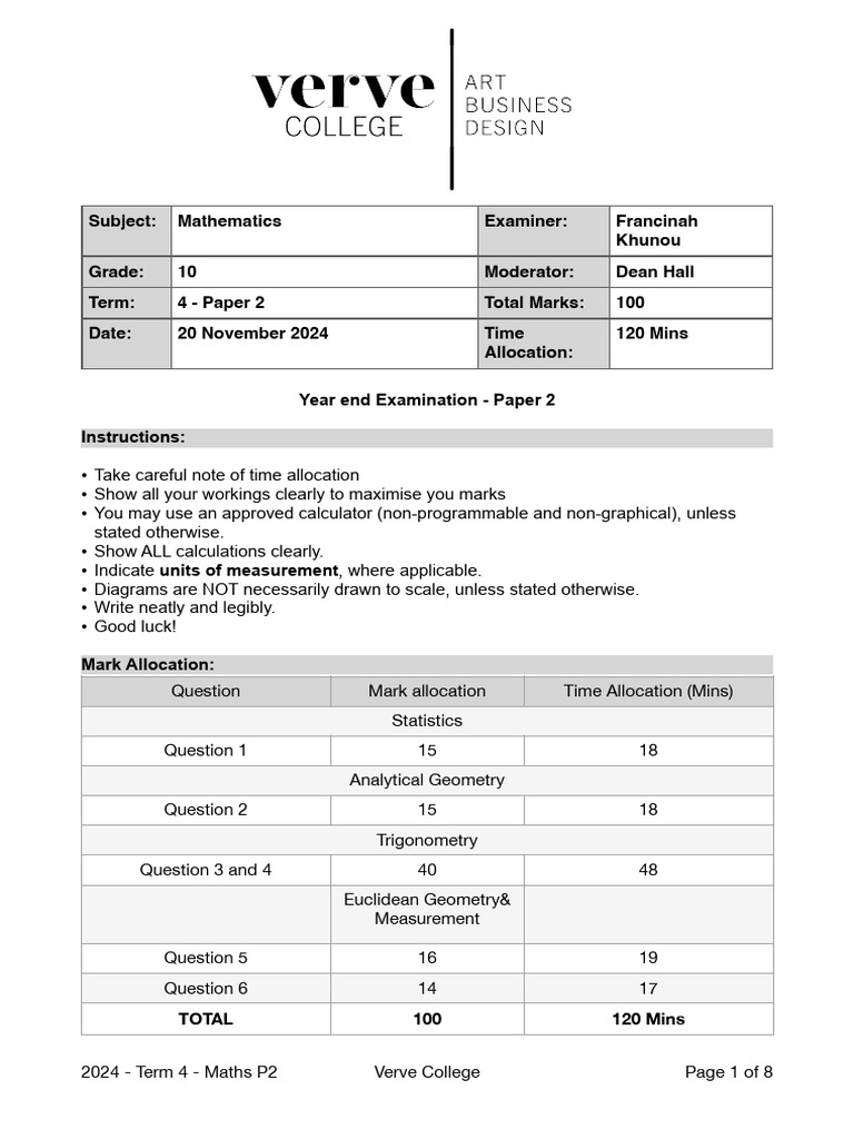 Verve College - MATHEMATICS Gr10 - Paper 2 - Term 4 | PDF | Trigonometry | Elementary Geometry