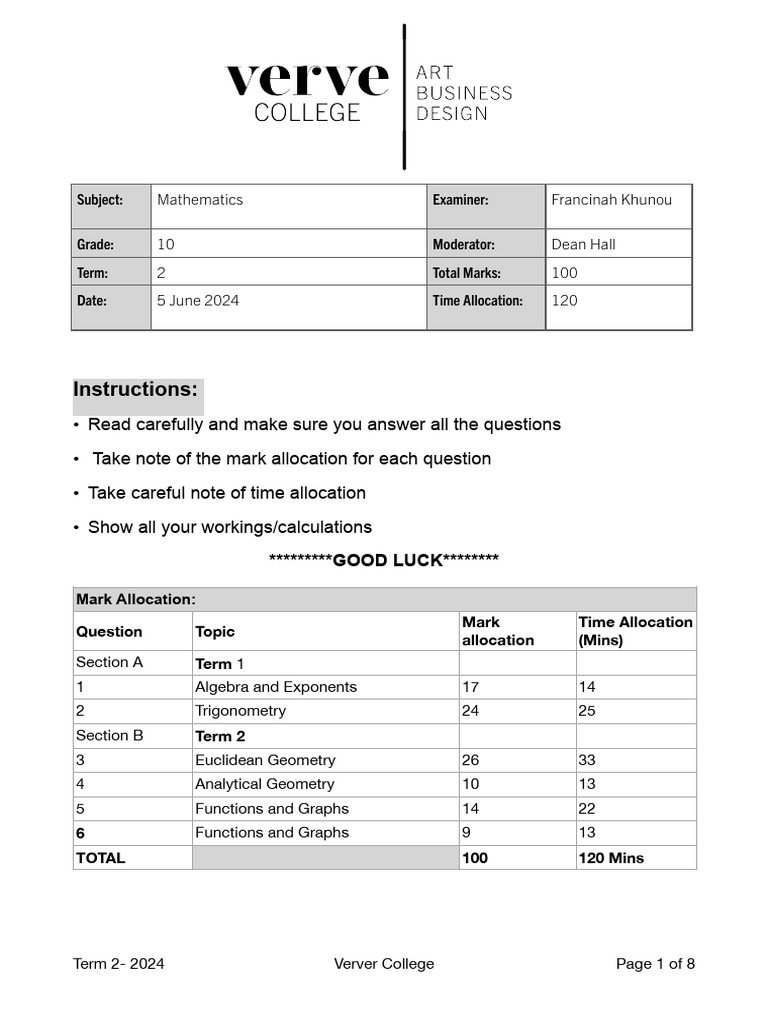 Grade 10 Mathematics Exam Guide | PDF | Geometry | Euclid