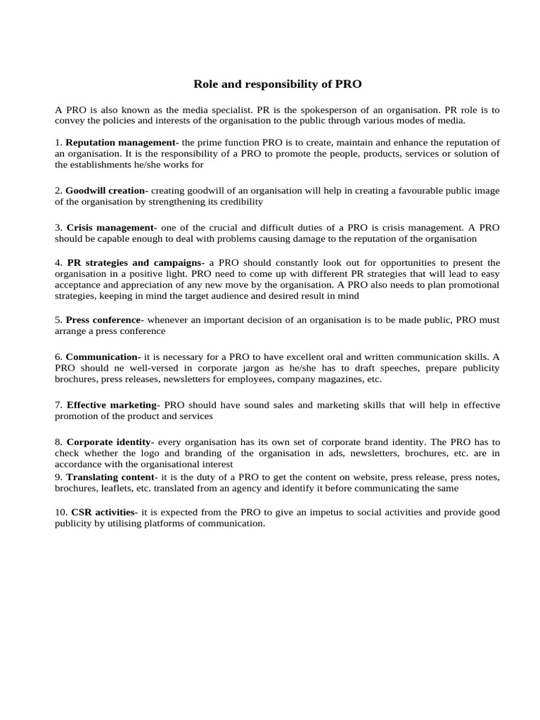 Role and Responsibility of PRO 4-3-2024 | PDF