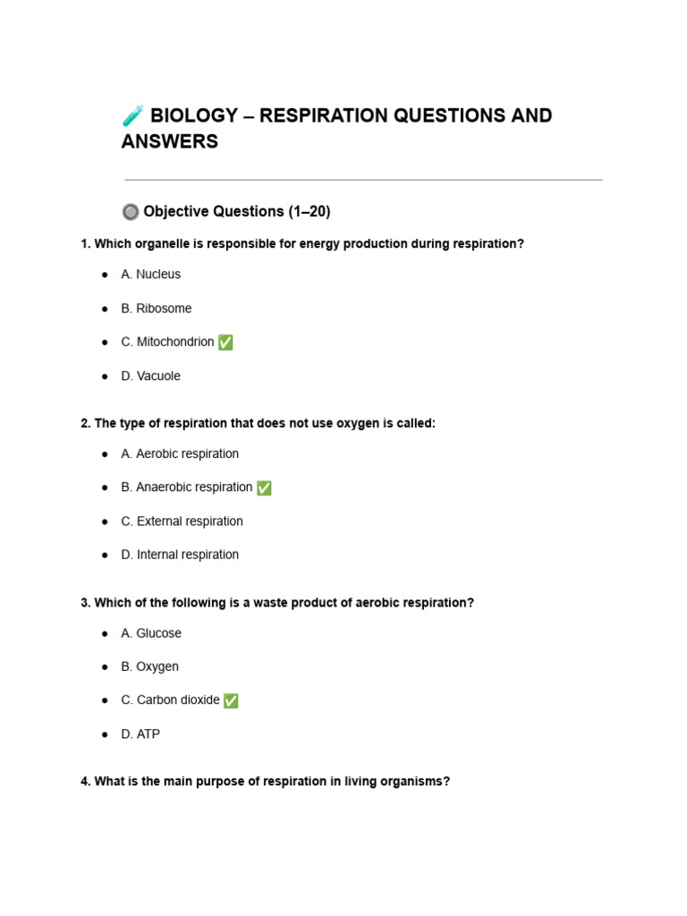 ? Biology - Respiration Questions and Answers | PDF | Cellular ...