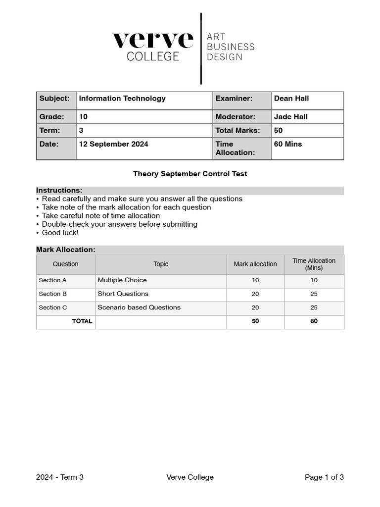 Verve College - IT Theory - Gr10 - Term 3 Control Test | PDF | World ...