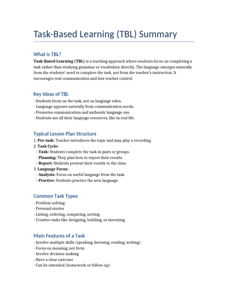 Task-Based Learning TBL Summary | PDF | Communication | Learning