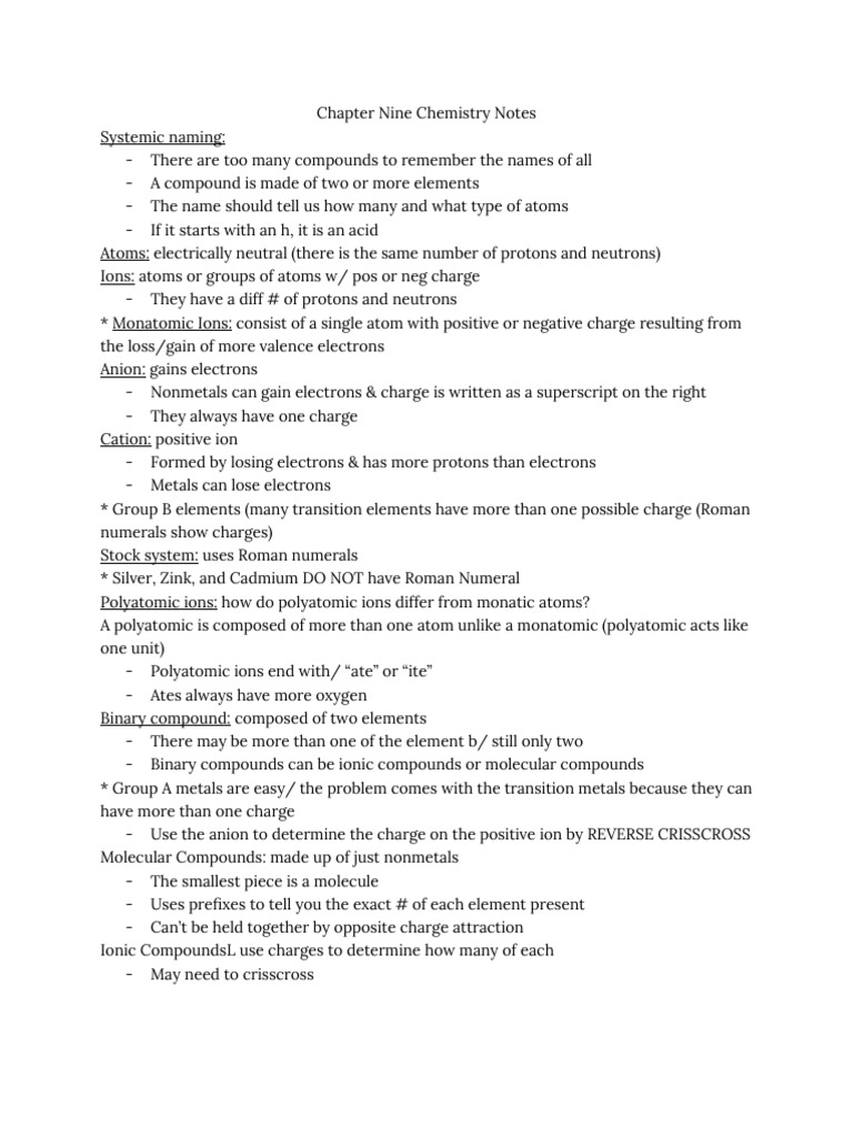 Chapter Nine Chemistry Notes (1) | PDF | Ion | Chemical Compounds