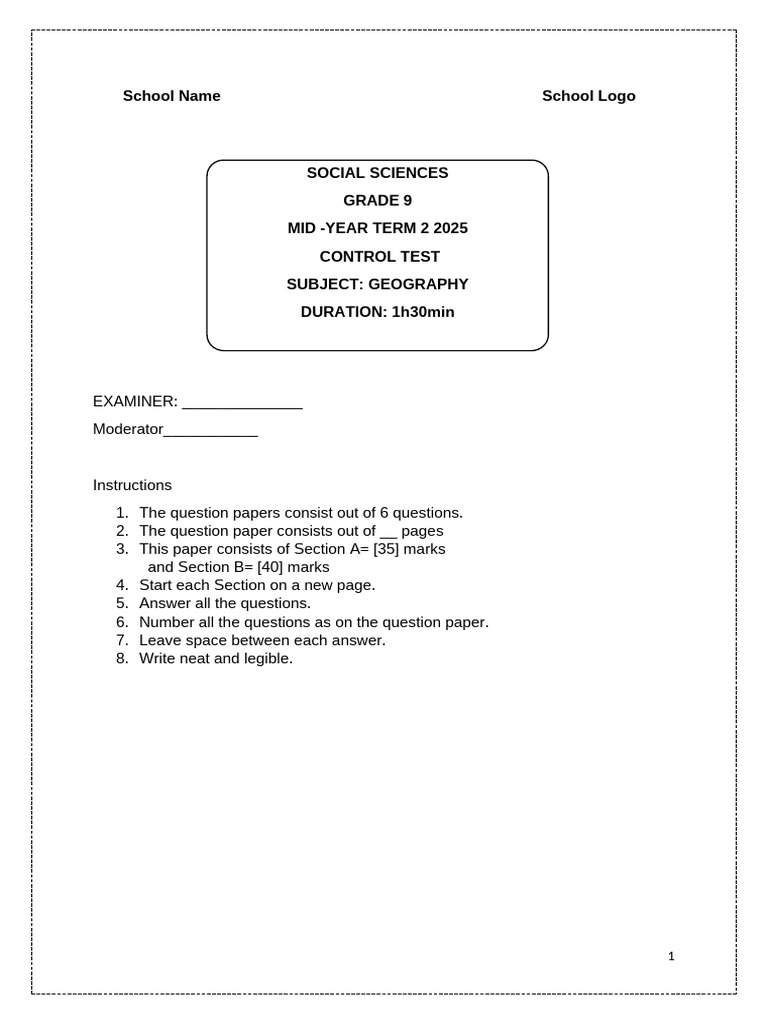 GEOGRAPHY GRADE 9 MID YEAR CONTROL TEST 2025 Final | PDF | Electric ...