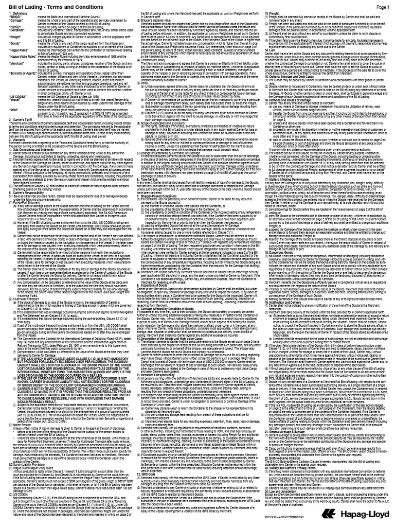 Hapag-Lloyd Bill of Lading Terms | PDF | Bill Of Lading | Cargo