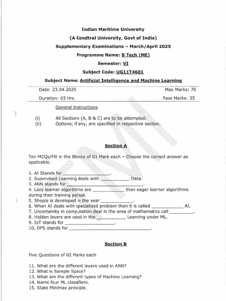 AI ML March 2025 Pyq | PDF