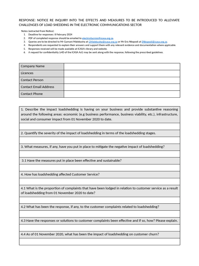 ICASA Load Shedding Questionnaire 1 1 | PDF