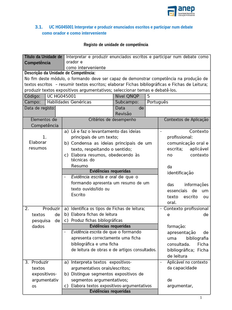 UC HG045001 Interpretar e Produzir Enunciados Escritos e Participar Num Debate Como Orador e ...