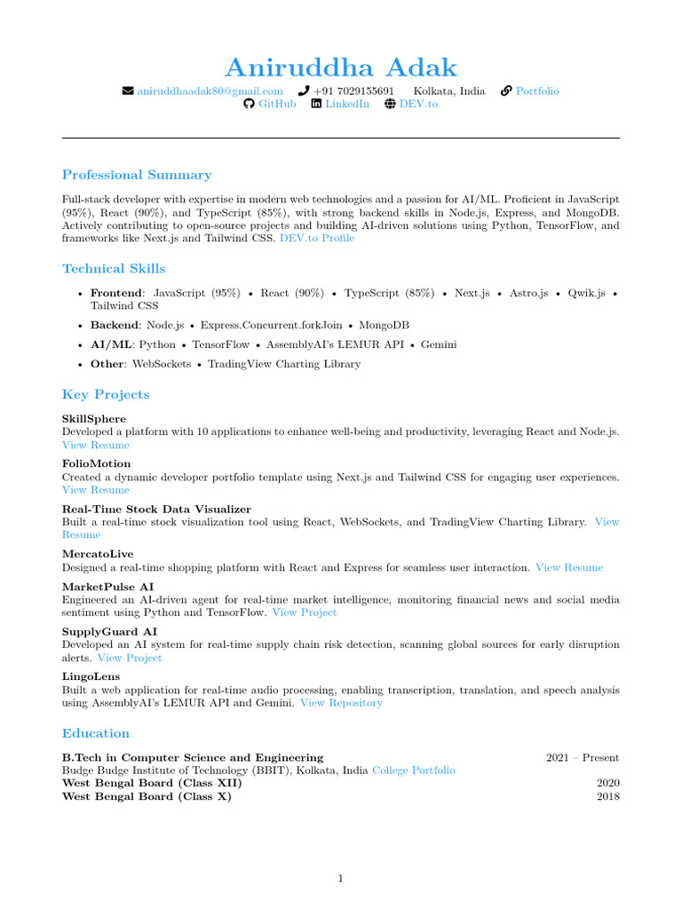 Aniruddha Adak Professional Resume of Web Developer | PDF | Web Development | Artificial ...