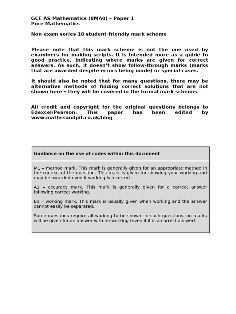 AS Mathematics 8MA0 Paper 1 Mark Scheme | PDF | Mathematical Objects ...