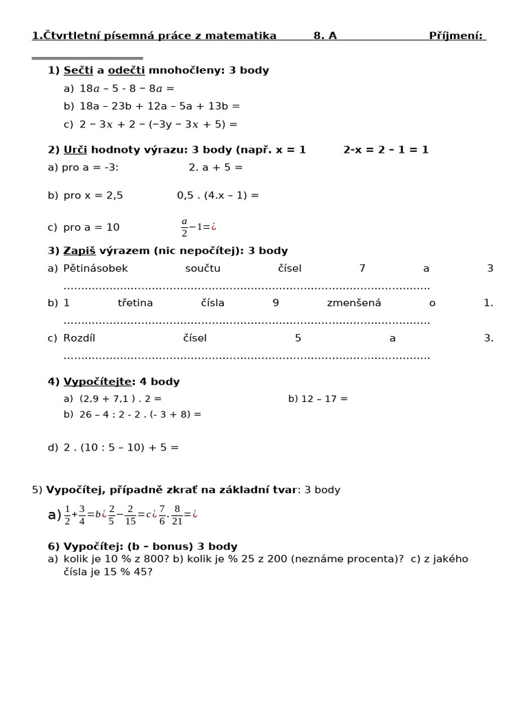 Čtvrtletní Písemná Práce Z Matematiky - B Varianta | PDF