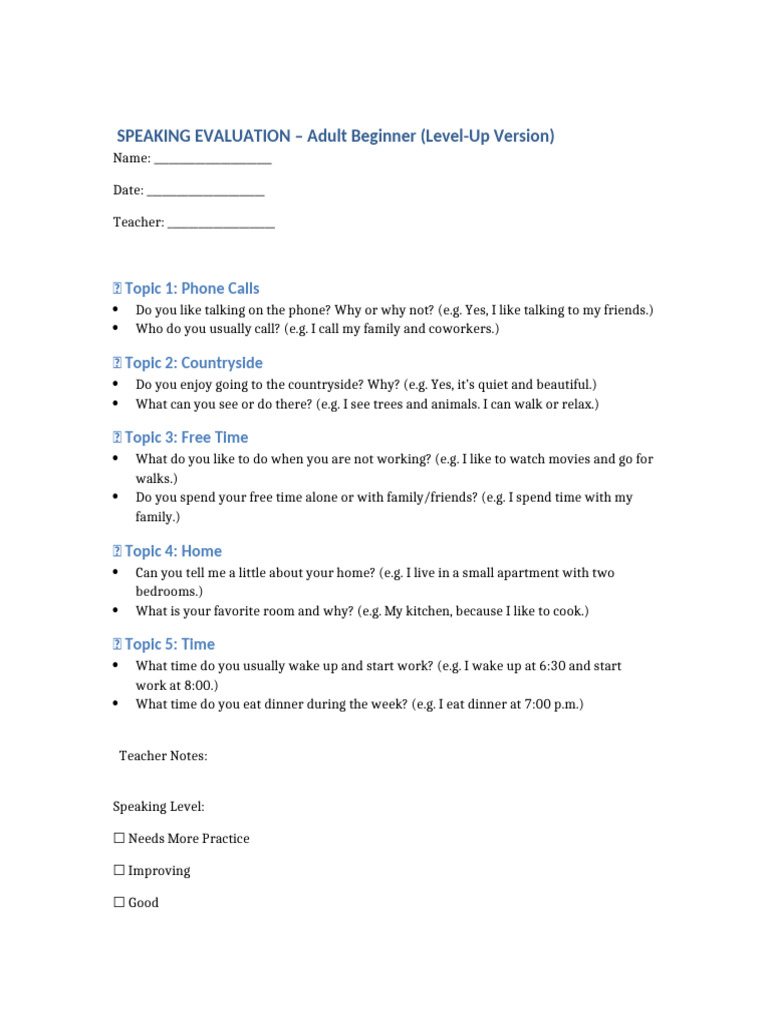 Speaking Evaluation Adult Beginner.. | PDF