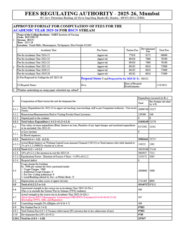 Computation of Fees For AY 2025-26 - Compressed | PDF | Fee | Expense