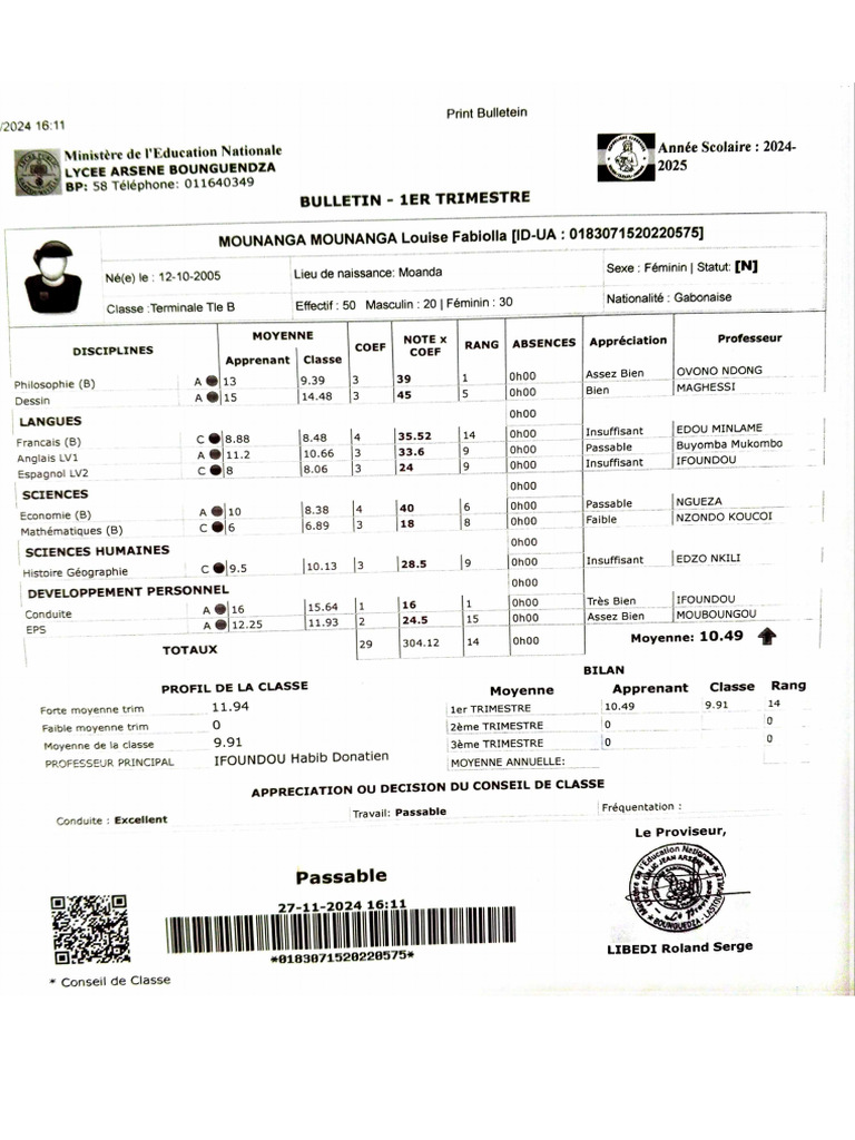 Fabiola Bulletin Tle B 1er Trimestre | PDF