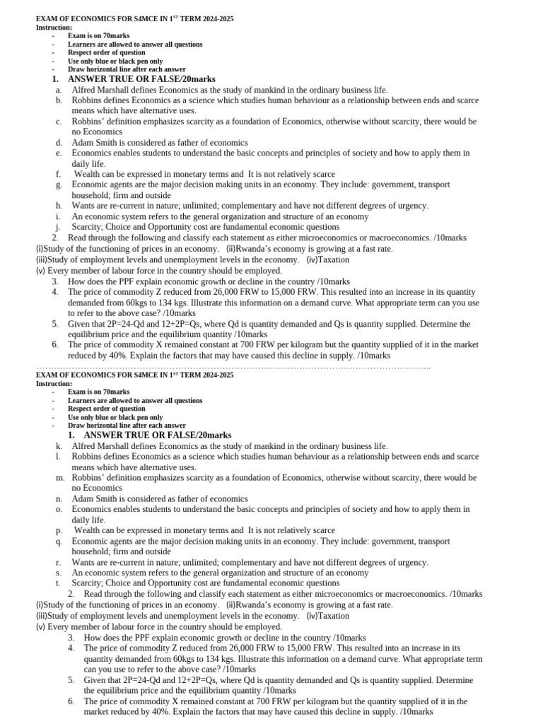 S4 Economics Exam 2024-2025 | PDF | Economics | Demand