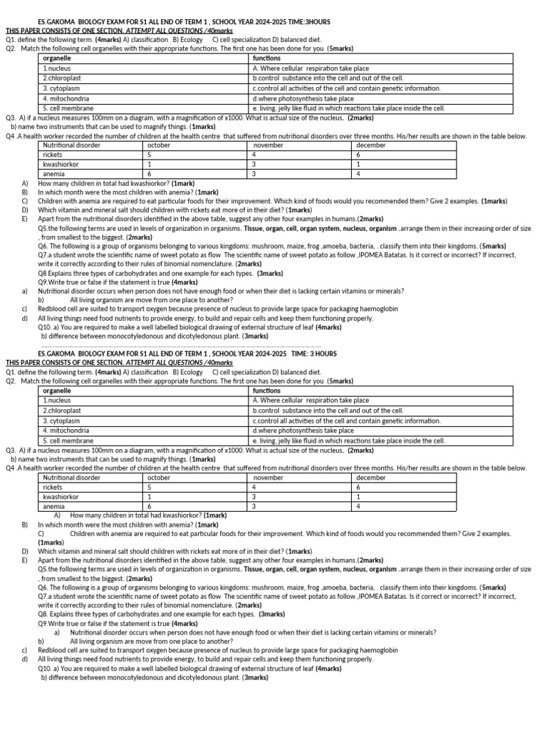 S1 Biology Exam Questions Term 1 | PDF | Cell (Biology) | Nutrition