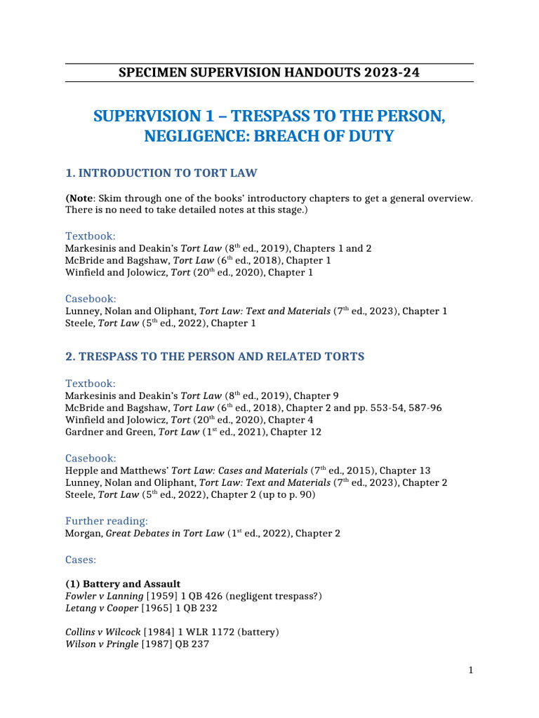 Tort Law Supervision Handouts 2023-24 | PDF | Negligence | Justice