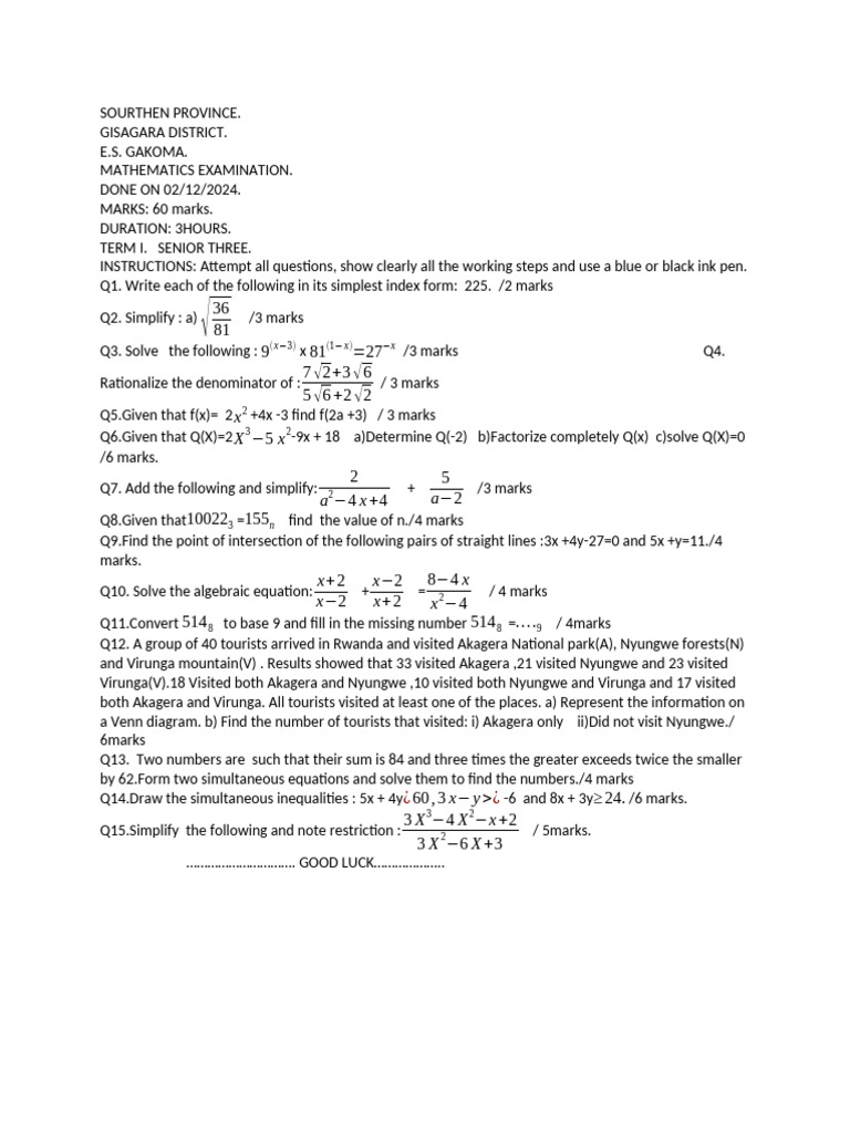 Exams of Maths 2024 Term1 Aline | PDF | Mathematics | Algebra