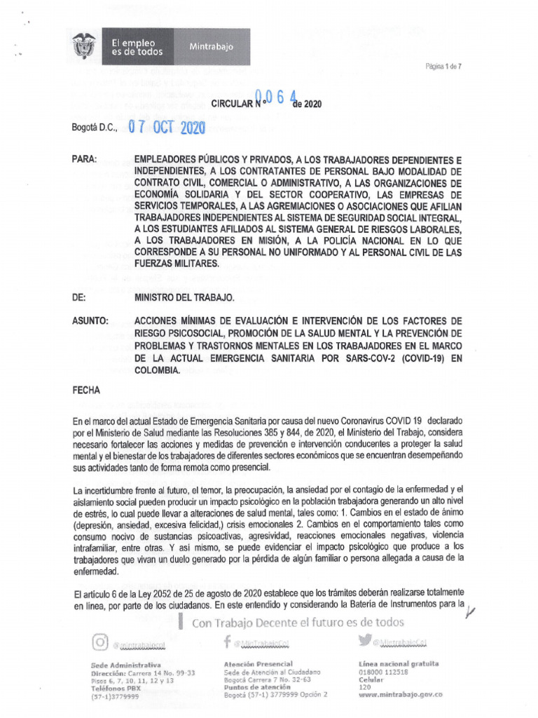 Circular 064 de 2020 de Ministeio de Trabajo | PDF | Salud mental ...