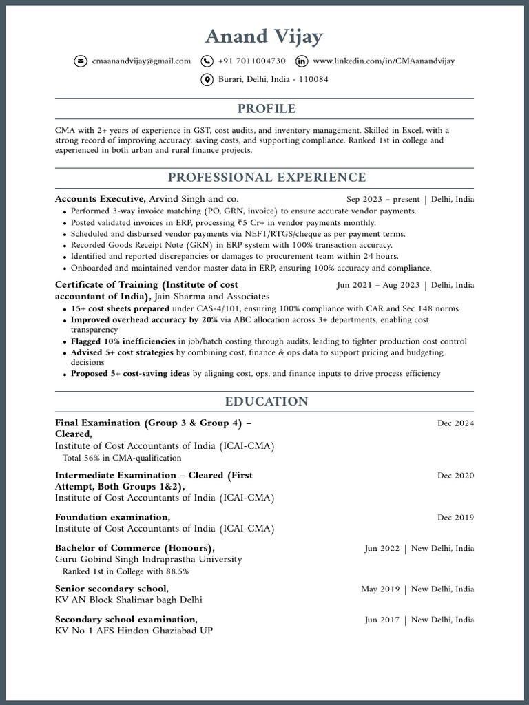 Anand Vijay Resume CMA P2p | PDF | Delhi | Business