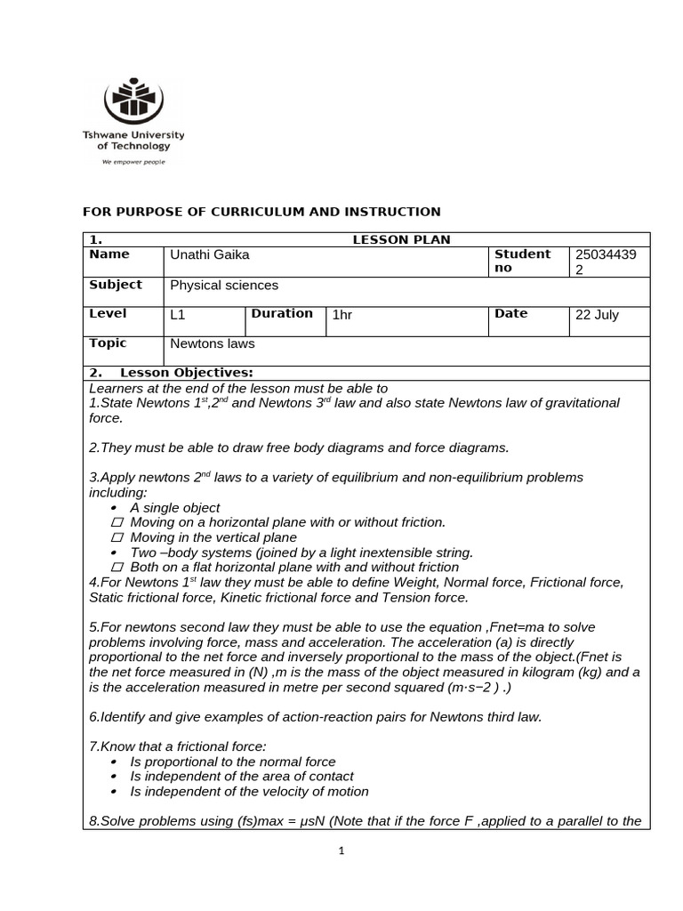Lesson Plan Template 1 | PDF | Force | Newton's Laws Of Motion