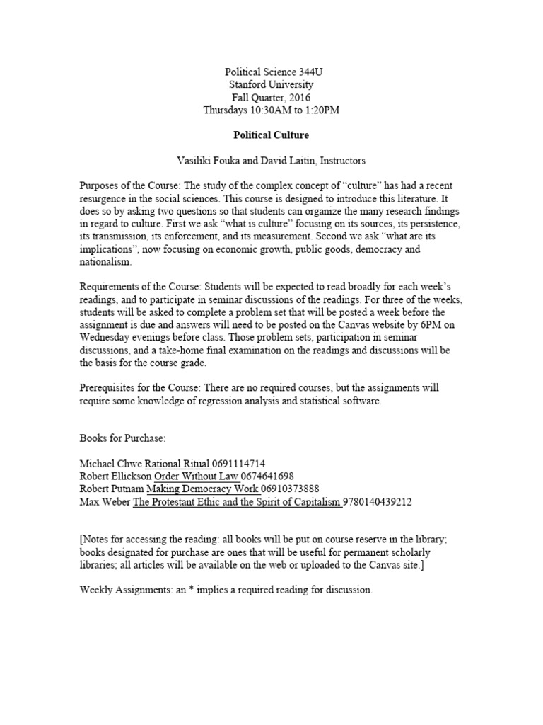 Political Culture Syllabus_Laitin, Stanford | PDF