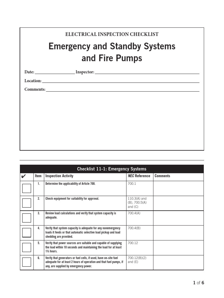 Emergency & Standby Systems & Fire Pumps Inspection Checklist | PDF | Electrical Engineering ...