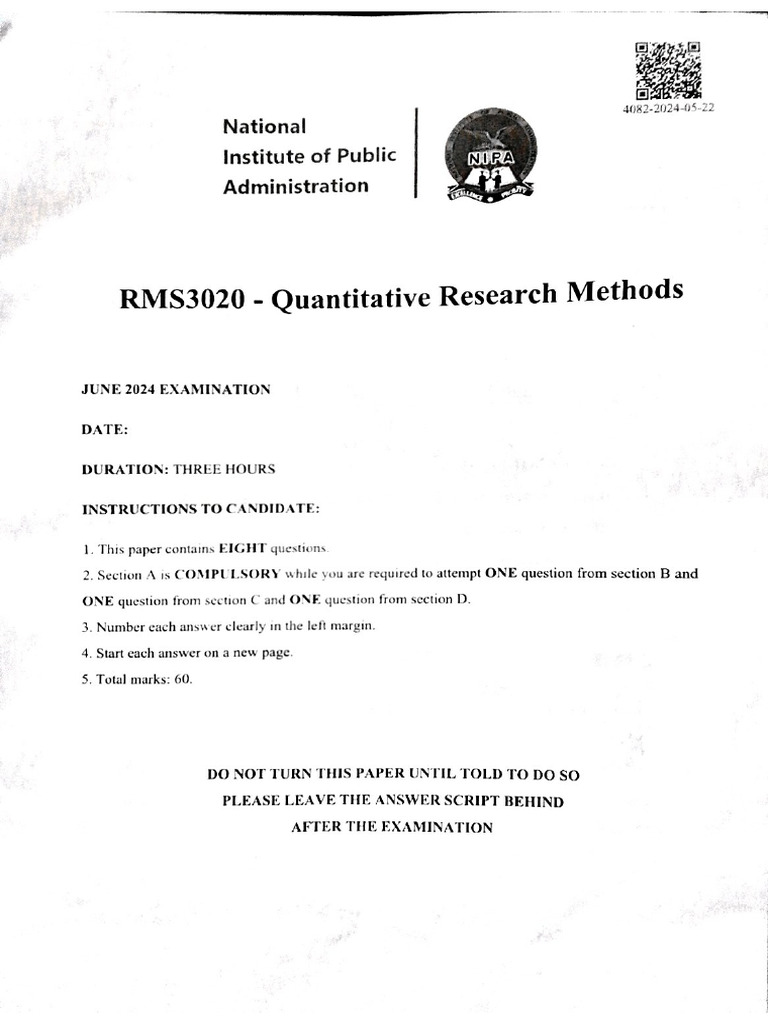 Quantitative Research Methods June 2024 Exam Pdf