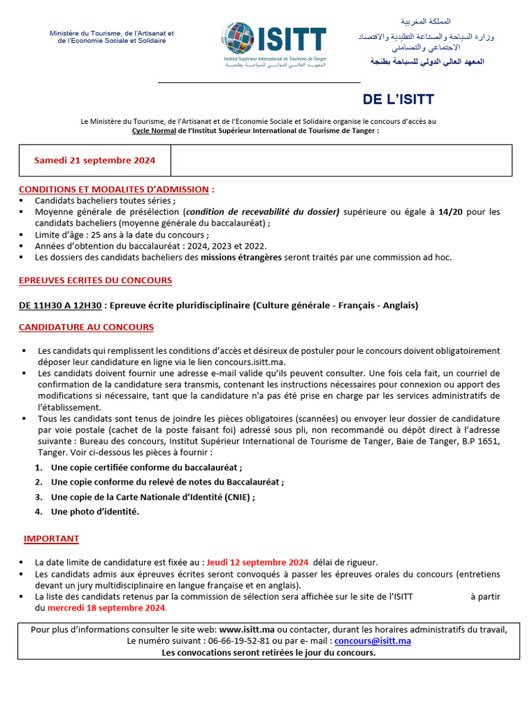 Concours ISITT 2024 : Inscription et Conditions | PDF