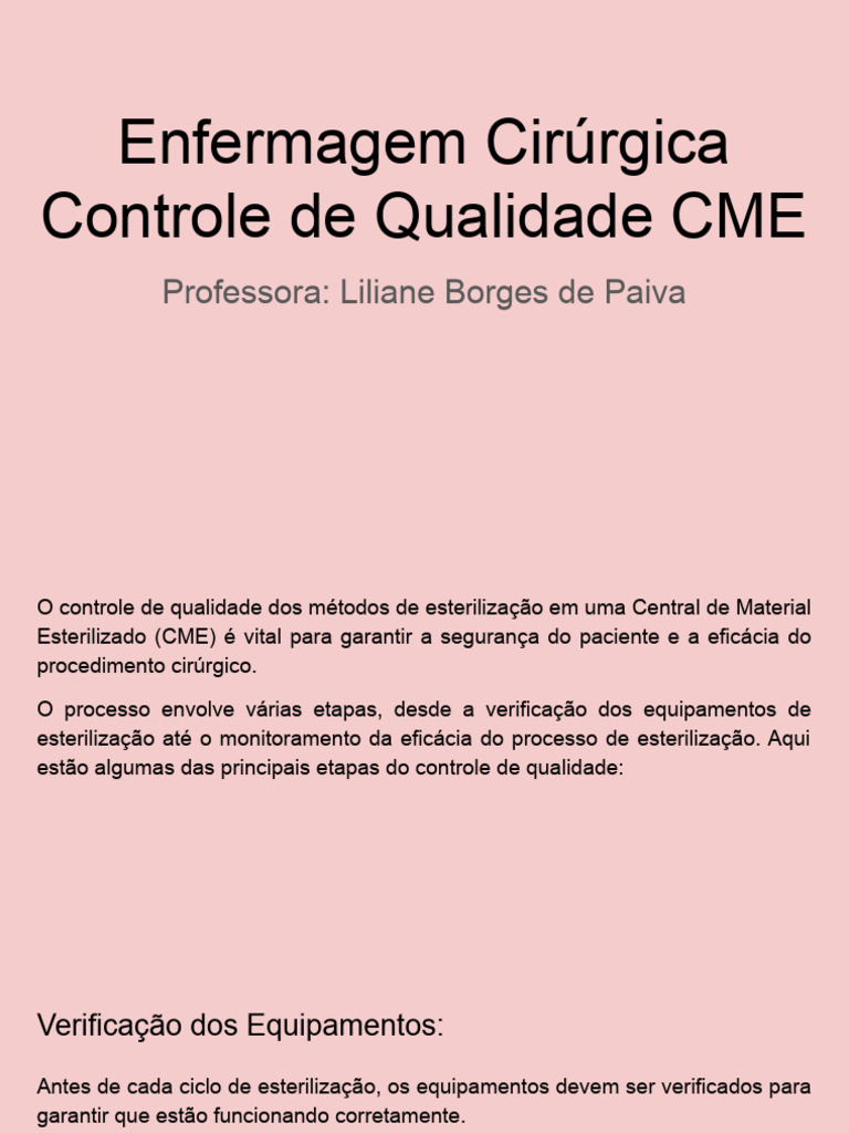 Enfermagem Cirúrgica Controle de Qualidade CME | PDF