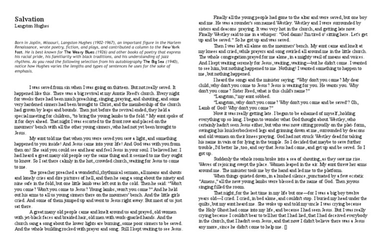 Salvation by Langston Hughes | PDF | Jesus | Religious Behaviour And ...