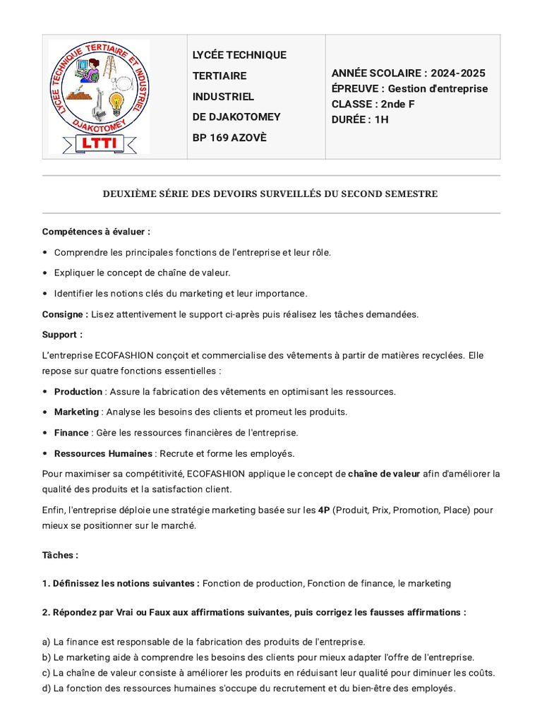 Fonctions clés de l'entreprise et marketing | PDF | Commercialisation ...