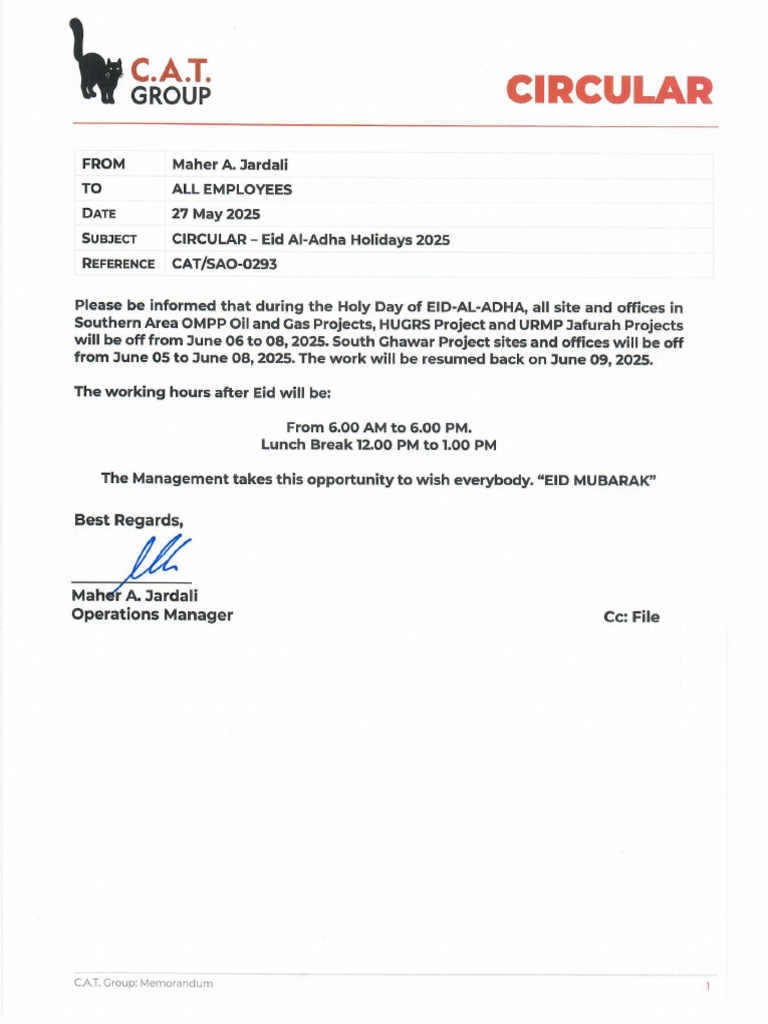0293 CIRCULAR - Eid Al-Adha Holidays 2025 | PDF