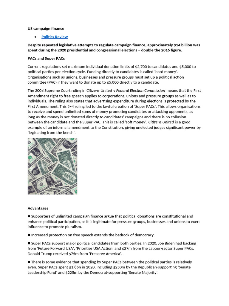 US Campaign Finance: PACs and Super PACs | PDF | Campaign Finance In ...