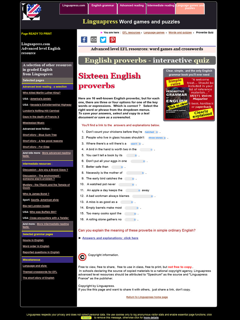 English Proverb Quiz - Advanced Level EFL Word Game | PDF | English Language | Linguistics