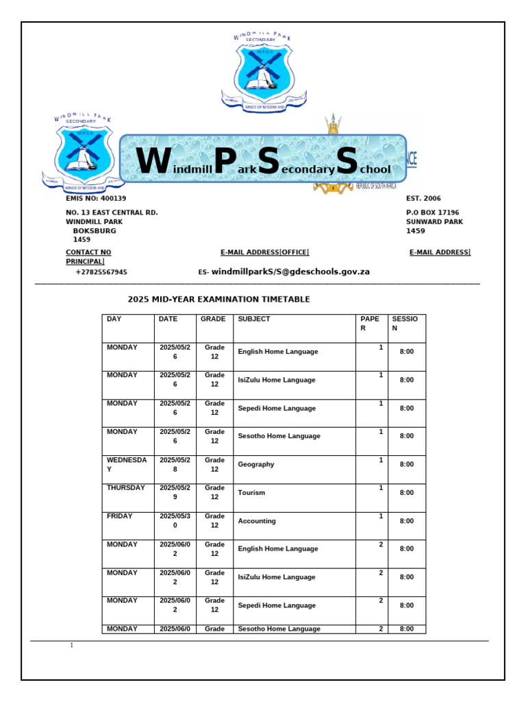 Grade 12 Mid Year Exam Timetable | PDF