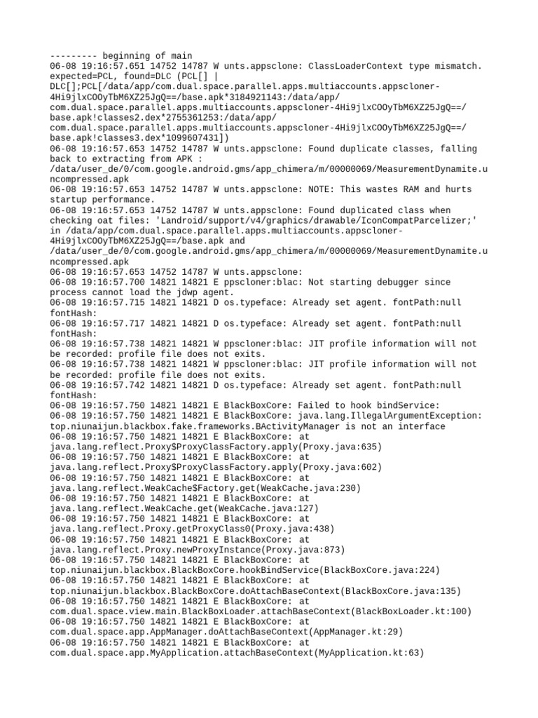 Com - Dual.space - Parallel.apps - Multiaccounts.appscloner Logcat | PDF | Java (Programming ...