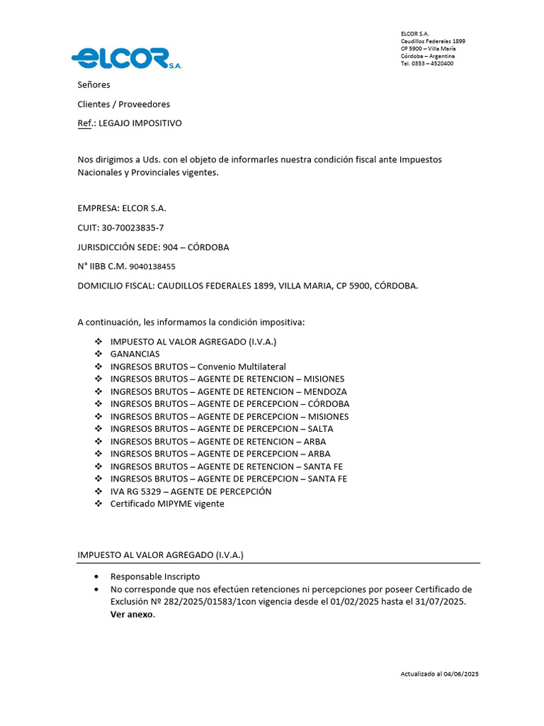 Legajo Impositivo ELCOR S.A 04-6-2025 | PDF | Impuesto al valor agregado | Pagos