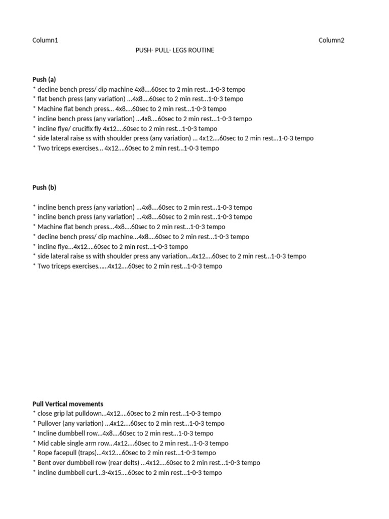 Push Pull Legs Routine Template | PDF | Anatomical Terms Of Motion ...