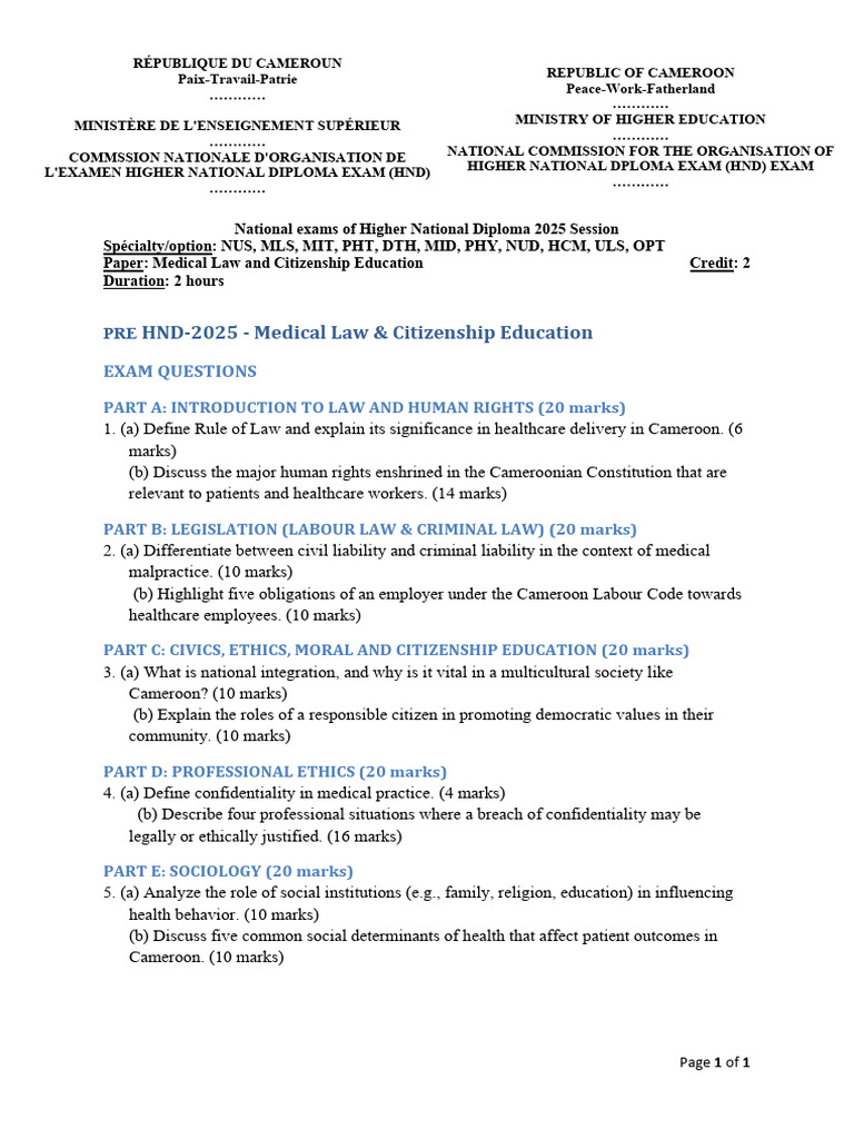 Medical Law and Citizenship Education PRE HND 2025 | PDF | Citizenship | Cameroon
