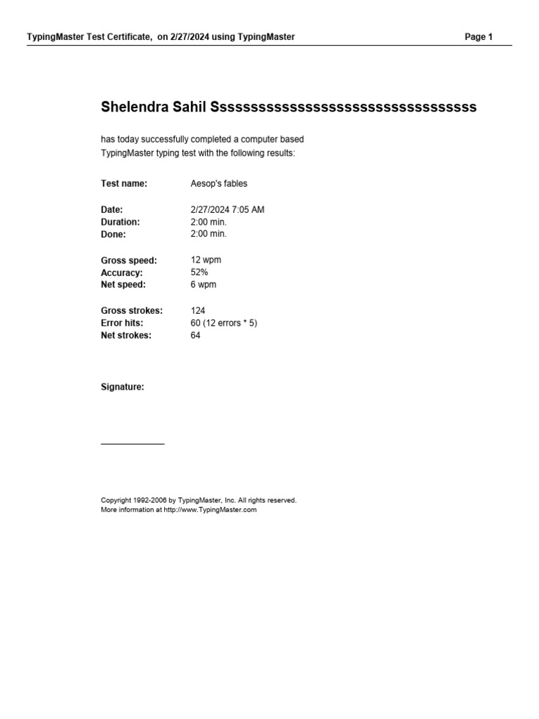 TypingMaster Test Results for Shelendra Sahil | PDF