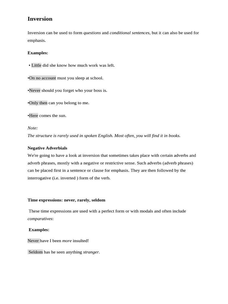 Inversion in English Sentences | PDF | Language Mechanics | Grammar