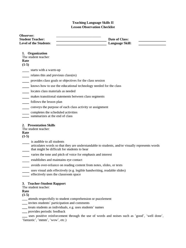 Language Skills Lesson Observation Guide | PDF | Reading Comprehension ...