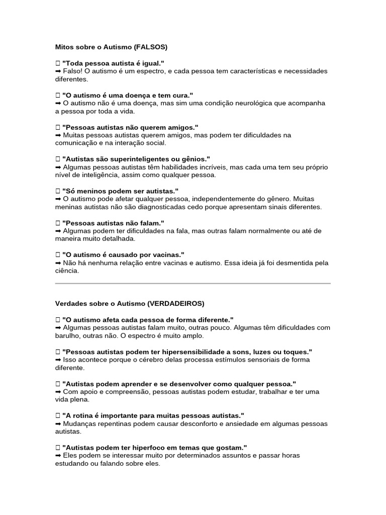 Mitos e Verdades Sobre o Autismo | PDF | Autismo | Psicologia