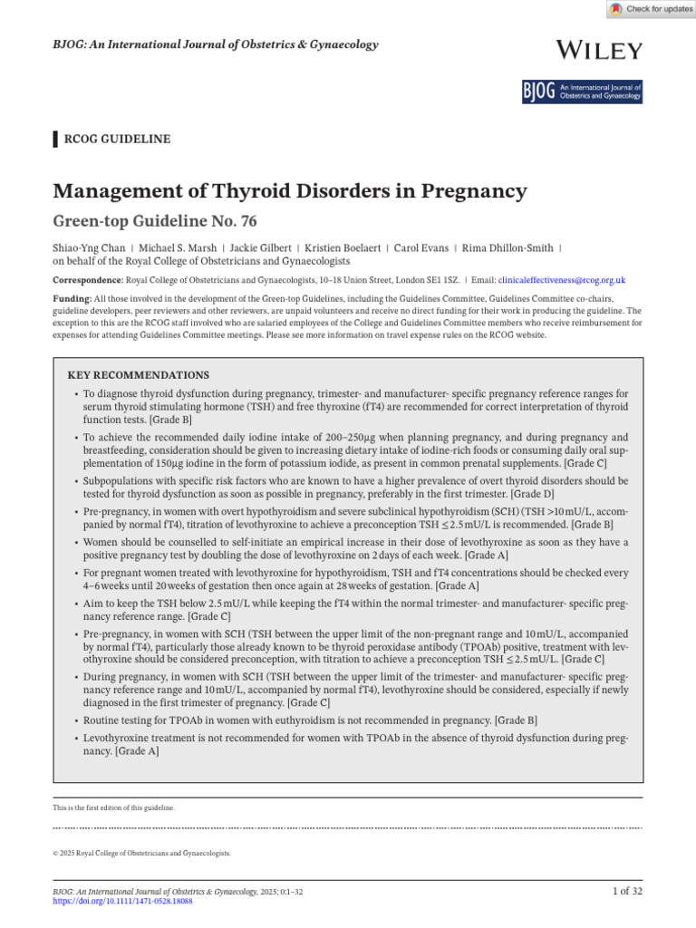 BJOG - 2025 - Chan - Management of Thyroid Disorders in Pregnancy | PDF | Hyperthyroidism ...