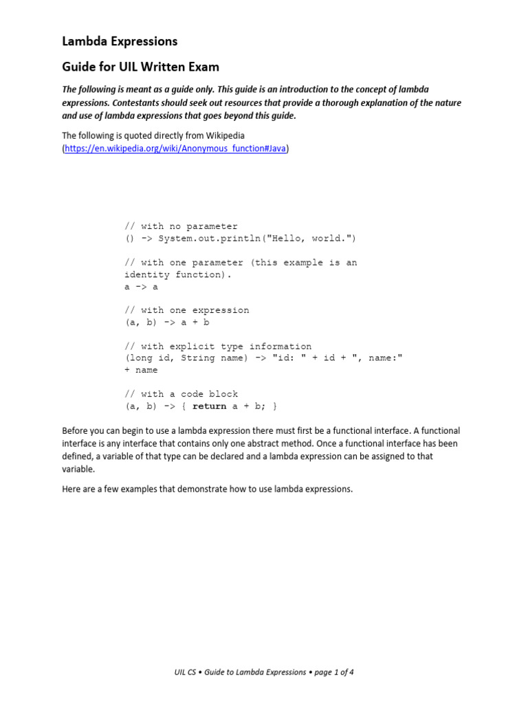 UILCS Lambda Expressions Guide | PDF | Anonymous Function | Parameter (Computer Programming)