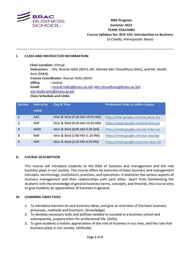 BUS101 Course Generic Outline - Summer21 (Approved) | PDF | Quiz | Learning