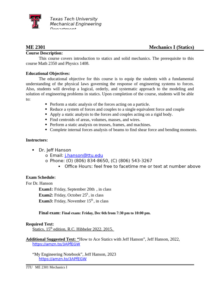 Syllabus ME2301 Fall 2024 TTU | PDF | Force | Academic Integrity