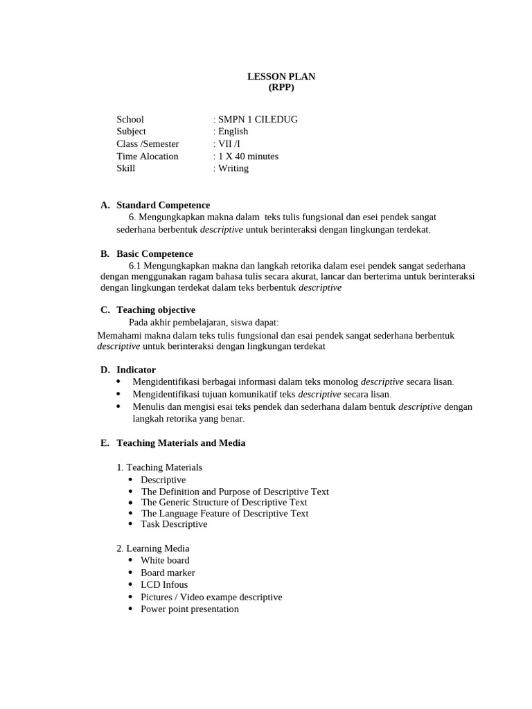 Lesson Plan Descriptive Class Vii | PDF | Grammar | Human Communication